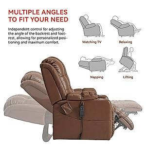 Creatuis Large Lift Recliner Chair for Elderly with Massage and Heat Lay Flat Dual Motor Electric Power Lift Chair Cup Holders Side Pocket Faux Leather (Brown)