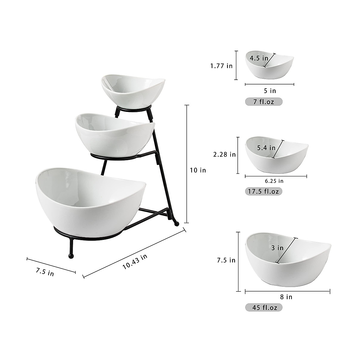 Gomakren 3 Tiered Oval Serving Bowl With Collapsible Metal Rack, Dessert Appetizer, Candy Chip Dip, Fruit, Vegetable Bowl Set, White Serving Dishes For Entertaining (Black)