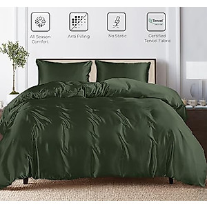 Linenwalas Tencel Lyocell Duvet Cover Set with Deep Pocket Fitted Sheet, Viscose Made from Eucalyptus Soft, Lightweight and Breathable Complete Bedding Set (Avocado Green, King)