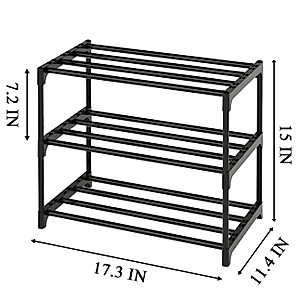 MUAHRCE 3-Tier Small Shoe Rack for Closet, Entryway, Stackble Sturdy Metal Shoe Shelf,Narrow Shoe Stand Organizer (Black,17.3" W×11.4" D×15" H)