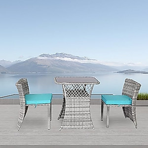 yoyomax, Turquoise 3 Pieces Furniture Clearance, PE Rattan Wicker Storage Shelf, Patio Sofa Chairs with Tempered Glass Table, Ideal for Garden-Porch, 3PCS-Bistro Set