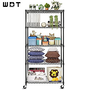 WDT 5-Shelf Shelving Units on Wheels Casters, Adjustable Heavy Duty Metal Shelf Wire Storage Rack for Home Office Garage Kitchen Bathroom Organization(16”Wx36”Dx75”H), Black