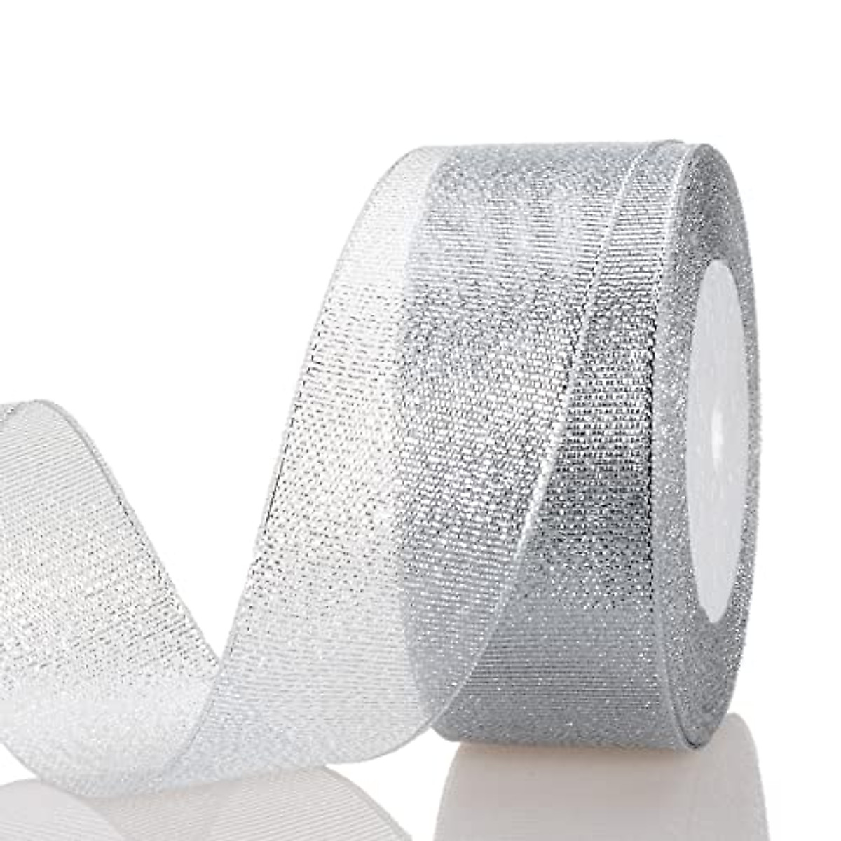 YASEO 1 1/2 Inch Silver Glitter Ribbon, 25 Yards Sparkly Metallic Fabric Ribbons for Gifts Wrapping Wedding Party Decoration and Crafts