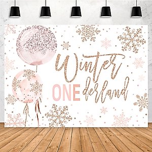 Aperturee 7x5ft Blush Pink Winter Onederland Theme Backdrop Girl One Years Old Birthday Party Christmas Snowflake Snow Landscape Photography Background Bokeh Glitter Balloon Banner Decor Photo Booth