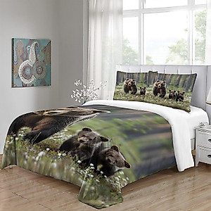 Brown Bear And Two Cubs Comforter Covers 3D Printed Walking in The Taiga Duvet Cover Quilt Cover for Boys Girls with Zipper Closure Soft Microfiber Bedding Set with Pillow Cases 3 Pieces Twin（173x218c