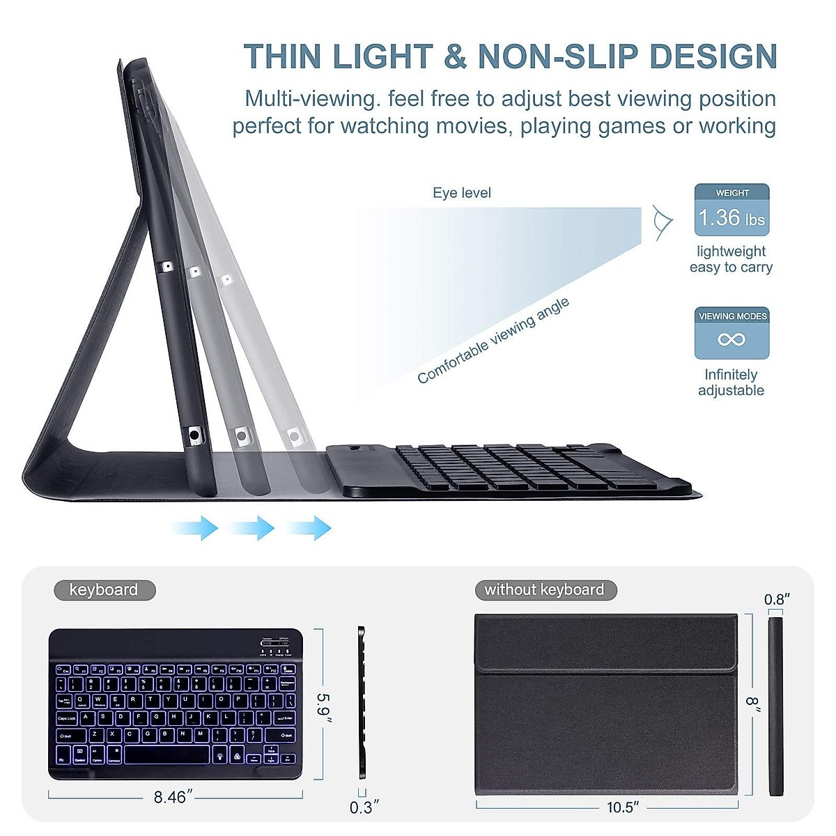 iPad Keyboard Case for Air 3rd Gen 10.5" (2019), iPad Pro 10.5" (2017), iPad 9th/8th/7th 10.2'', Magnetic Detachable Wireless Bluetooth Keyboard, Smart Keyboard Case with Back-lit and Pen Holder,Black