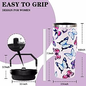 Butterfly Tumbler with Handle and Straw, Stainless Steel Vacuum Insulated Flip Straw 30 oz Pink Butterfly Tumbler Spill Proof Coffee Travel Mug Butterfly Gifts for Women