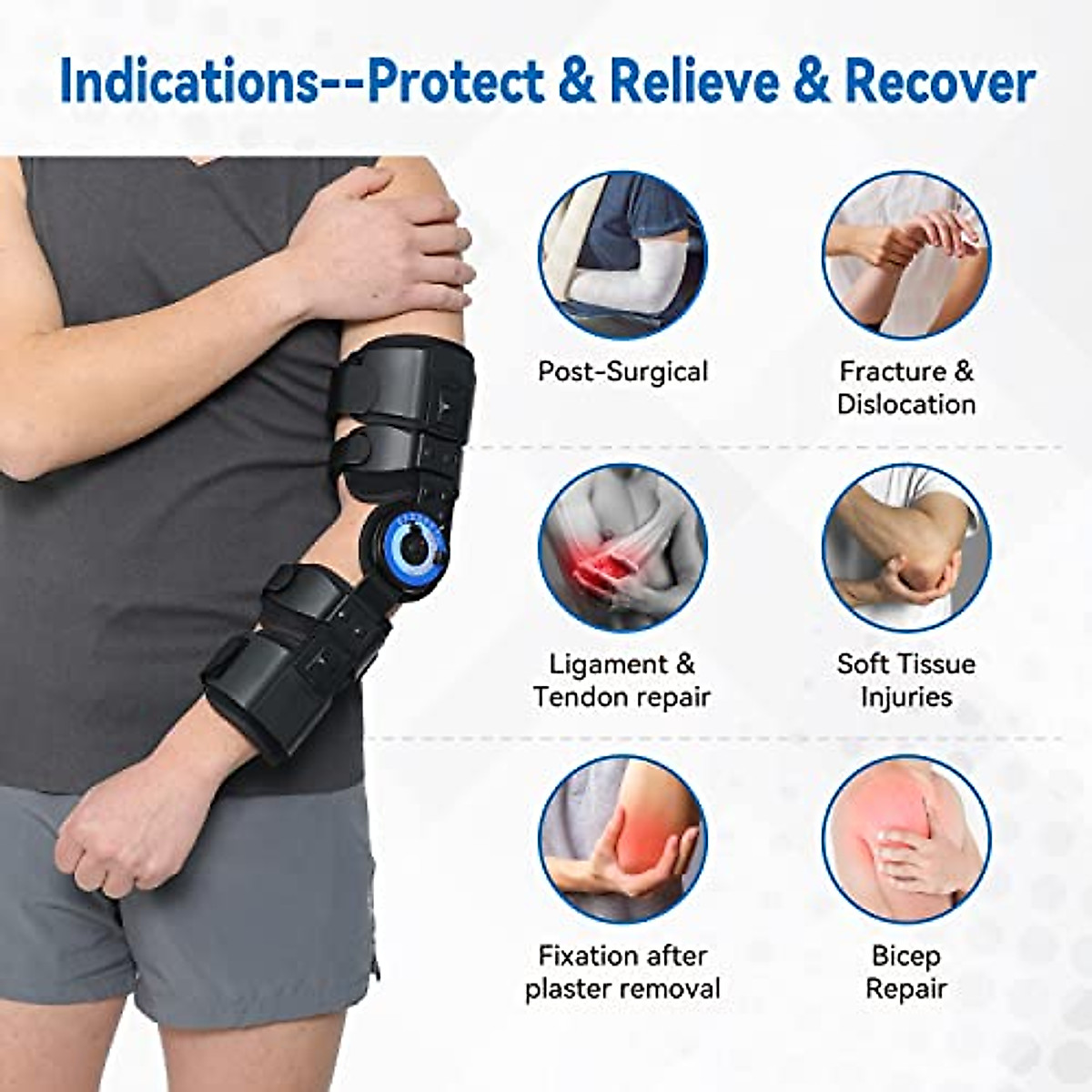 Orthomen Hinged ROM Elbow Brace, Adjustable Post OP Elbow Brace Stabilizer Splint Arm Injury Recovery Support After Surgery Fracture Rehabilitation (Left)