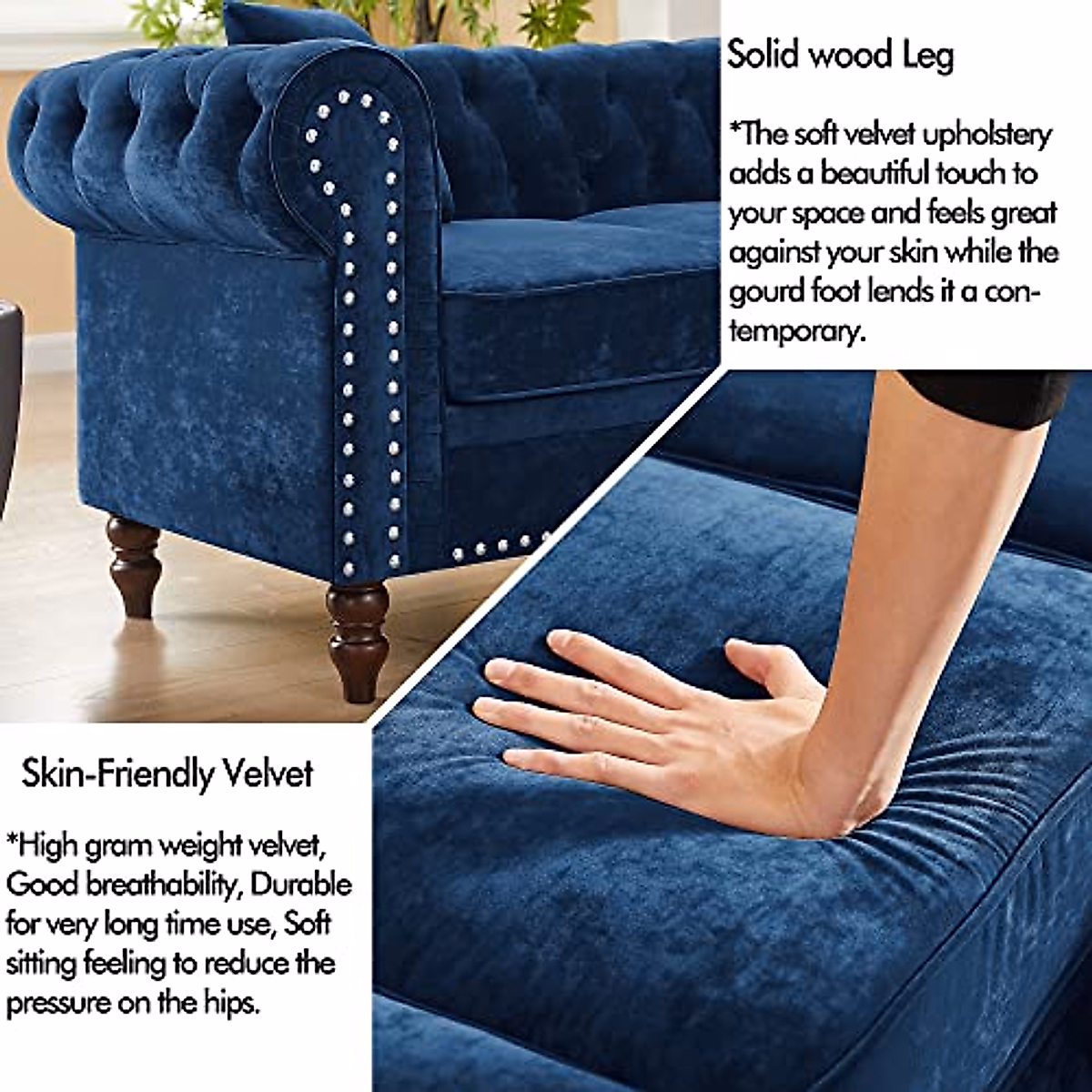 ERYE 80" Symmetrical Sectional Sofa,Button Tufted Velvet Upholstered Modular Sofa & Couch,Luxury Roll Arm Classic Chesterfield Couch,Nail Head Decor L-Shaped Corner Sofá with 3 Pillows, Blue