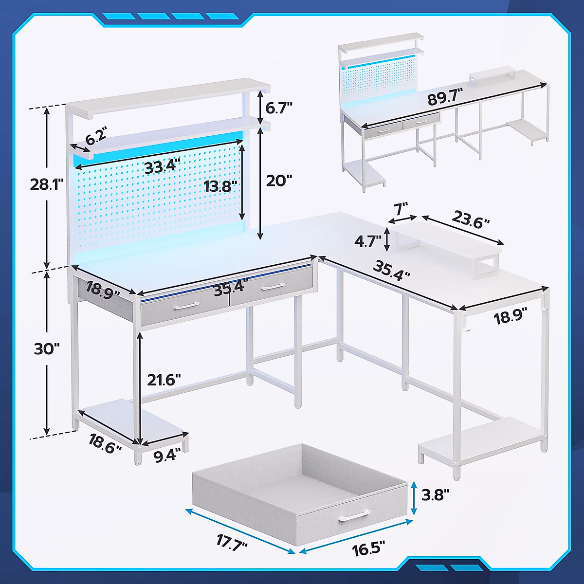 SEDETA White L Shaped Gaming Desk with LED Lights and Drawers, Gaming Desk with Hutch & Pegboard, Computer Desk with Monitor Stand, Storage Shelves, Home Office Desk Corner Desk, Gaming Table
