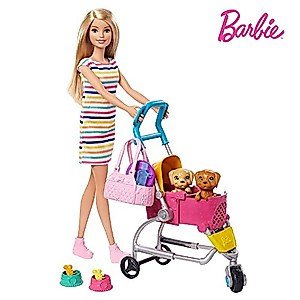 Barbie Dogwalking Doll & Accessories, Stroll & Play Pups Playset with Transforming Stroller, 2 Pets & Handbag, Blonde Doll