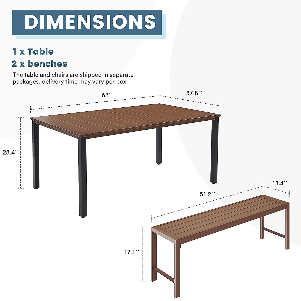 DIFY 3 Pcs Outdoor Furniture Set, Patio Dining Set with Metal Frame Rectangular Picnic Table and Outdoor Metal Backless Benches for Balcony, Poolside and Deck, Walnut