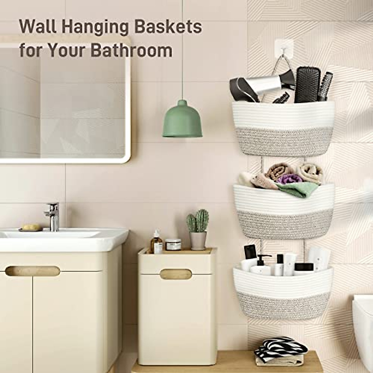 AivaToba Over Door Hanging Basket, 3-Tier Wall Mount Hanging Cotton Rope Storage Organizer, Decorative Storage Basket for Living Room (Brown)