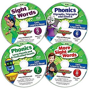 Let’s Learn to Read 10 DVD Collection by Rock ‘N Learn (170 sight words, covers all phonics rules, vowels, consonants, blends, digraphs, practice sections to build reading fluency, 80 downloadable worksheets and more.)