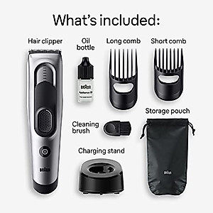 Braun Hair Clippers Series 7 7390, Hair Clippers for Men, Hair Clip from Home with 17 Length Settings, Incl. Memory SafetyLock Recall Setting, Ultra-Sharp Blades, 2 Combs, Stand, Pouch, Washable