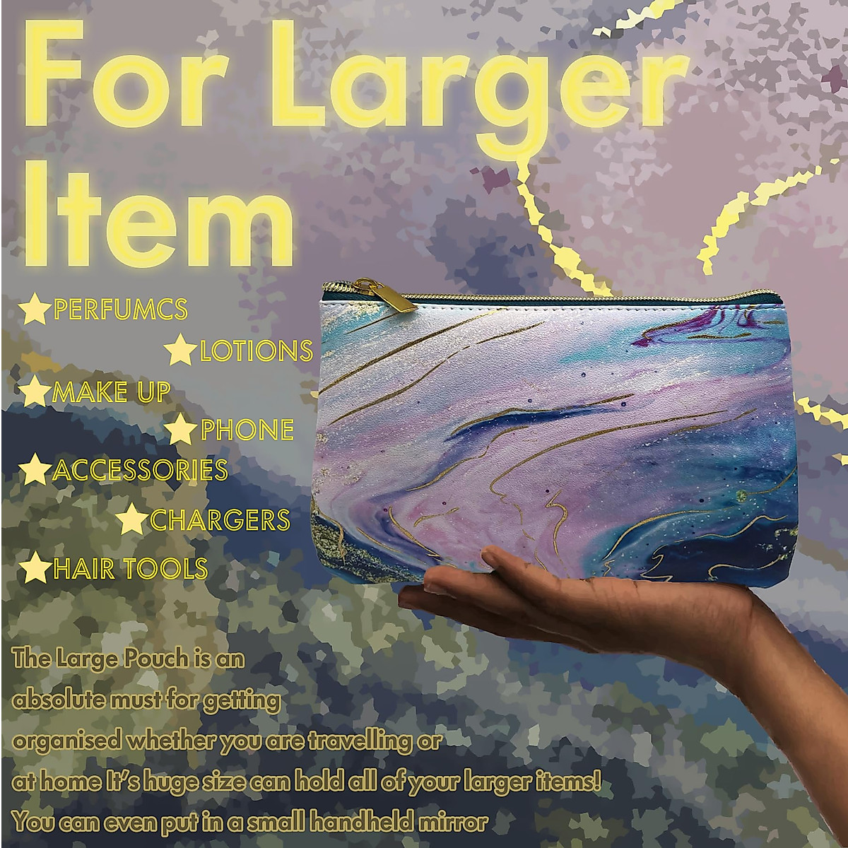 Curves Swirl Marbling Gold Print Clutch Bag, Metallic Marbled Waves Faux Leather Outdoor Cosmetic Brush Portable Makeup Bag,Pencil Case Pouch Pen Holder,Organizer Art Painting Supplies for travel bag