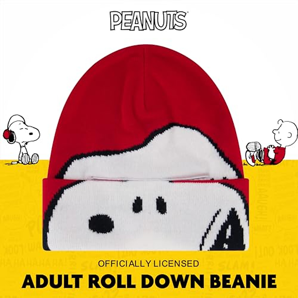 Peanuts Snoopy Beanie Hat, Knit Roll Down Cuffed Winter Cap, Red, One Size
