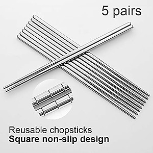 Stainless Steel Chopsticks Reusable Multicolor Lightweight 304 Metal Chopsticks Dishwasher Safe - 5 Pairs (Silver)