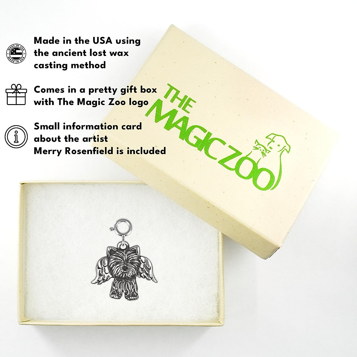 The Magic Zoo Sterling Silver Yorkie Angel Charm for Charm Bracelet – Handcrafted in the USA Yorkie Charms for Bracelets – Yorkie Angel Gift for Women