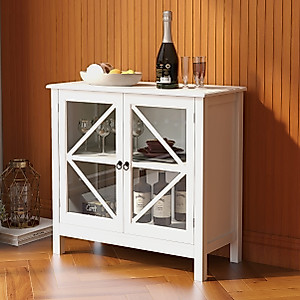 Kitchen Buffet Cabinet with Storage Modern Sideboard with Double Glass Doors and Wooden Shelf Freestanding Cupboard for Living Room, Hallway, Dining Room, White