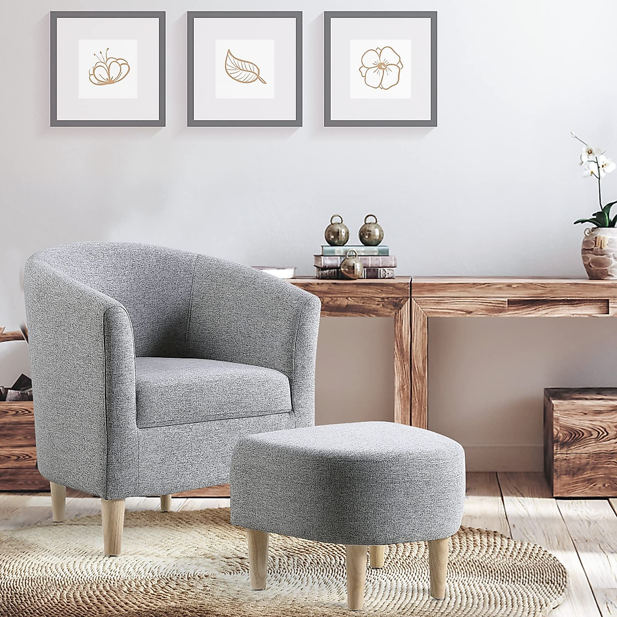 DAZONE Accent Chair with Ottoman, Mid Century Modern Barrel Comfy Fabric Armchair and Footrest Set, Upholstered Club Tub Round Arms Chair for Living Room Bedroom Reading Room, Grey