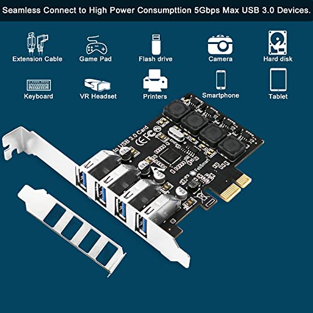 FebSmart PCIE 4-Ports Superspeed 5Gbps USB 3.0 Expansion Card for Windows 11, 10, 8.x, 7, Vista, XP Desktop PCs, Built in FebSmart Self-Powered Technology, No Need Additional Power Supply (FS-U4L-Pro)