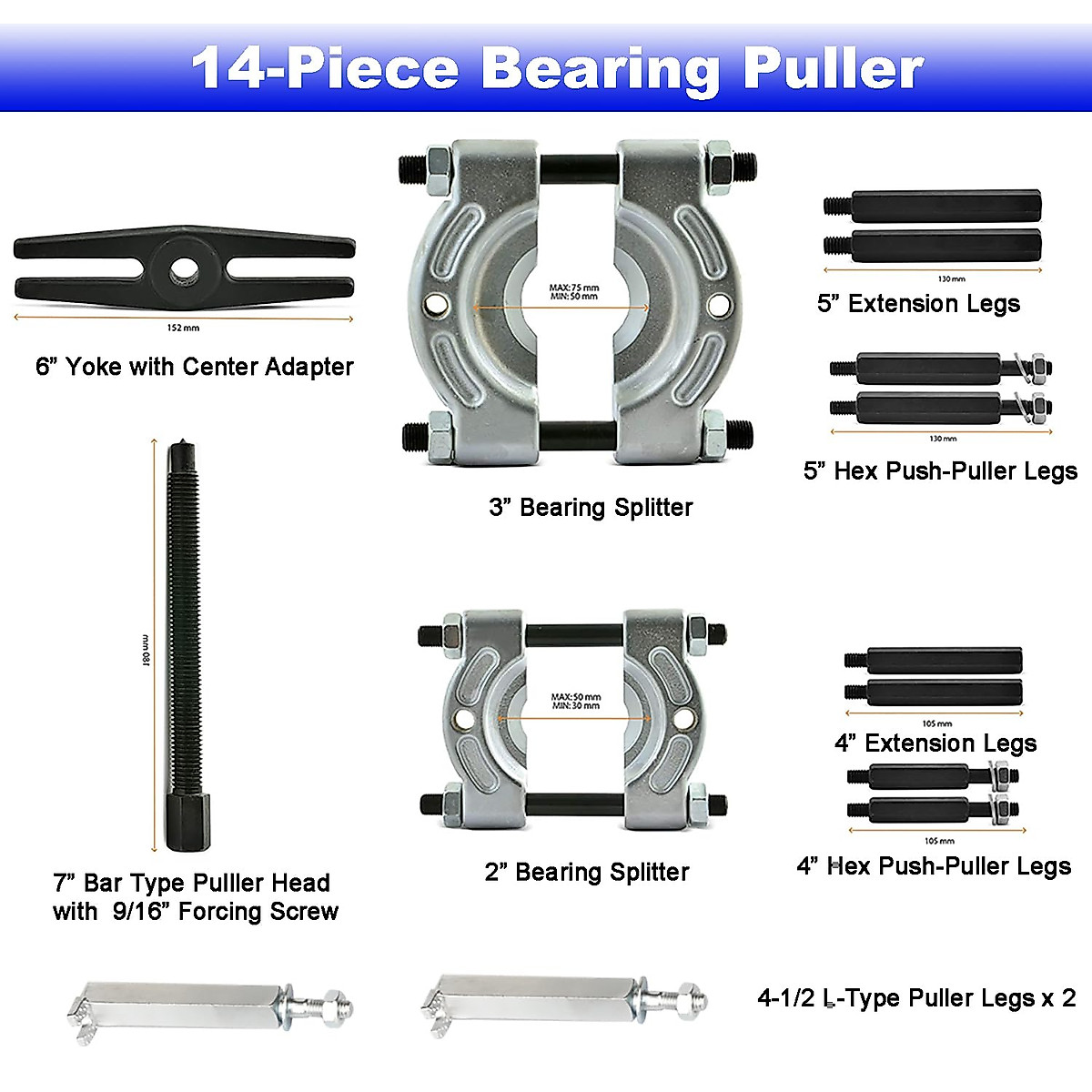 YOTOO Bearing Puller Set, 5 Ton Capacity Bearing Separator Kit with 2" and 3" Jaws, Wheel Hub Axle Puller Set, Heavy Duty Bearing Splitter Tool Kit with Case, Blue
