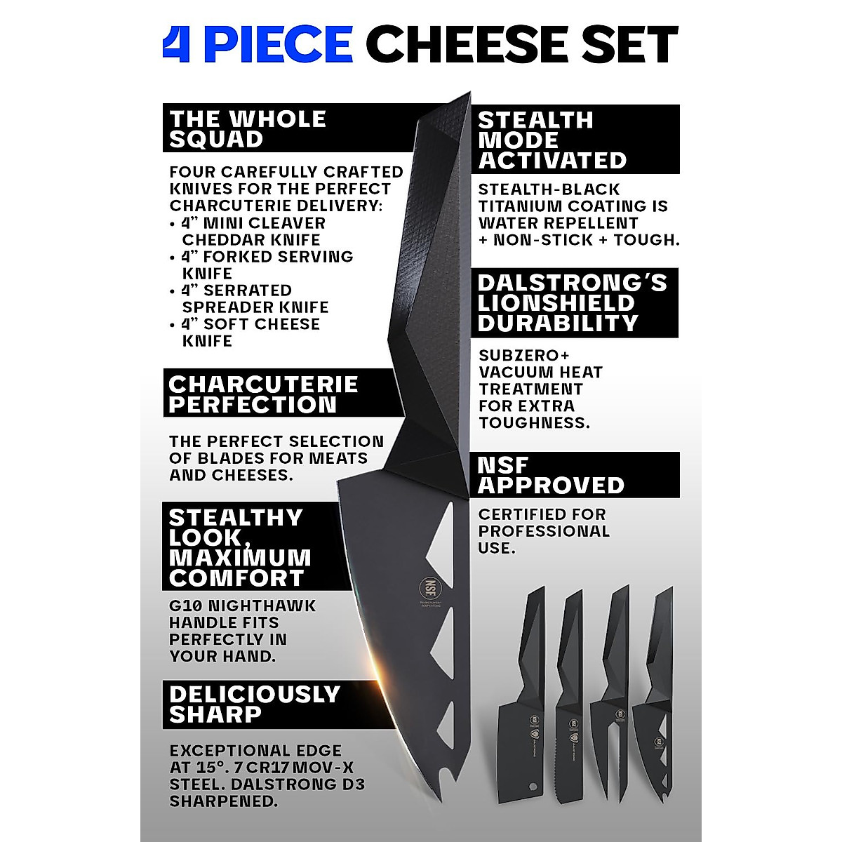 DALSTRONG Cheese Knife Set - 4-Piece - Shadow Black Series - Black Titanium Nitride Coated - High Carbon - 7CR17MOV-X Vacuum Treated Steel Cheese Knives Set - Sheath - Soft Hard Cheese - NSF Certified