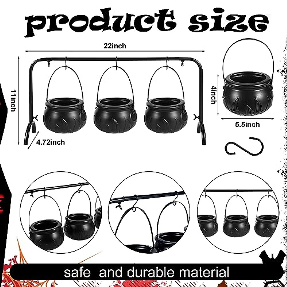 Tanlade Halloween Witch Cauldron, 3 Pcs Candy Serving Bowl on Rack with 3 Black Plastic Cauldron Bowls, Spooky Candy Bucket Punch Bowls for Halloween Party Table Home Decoration(Black)