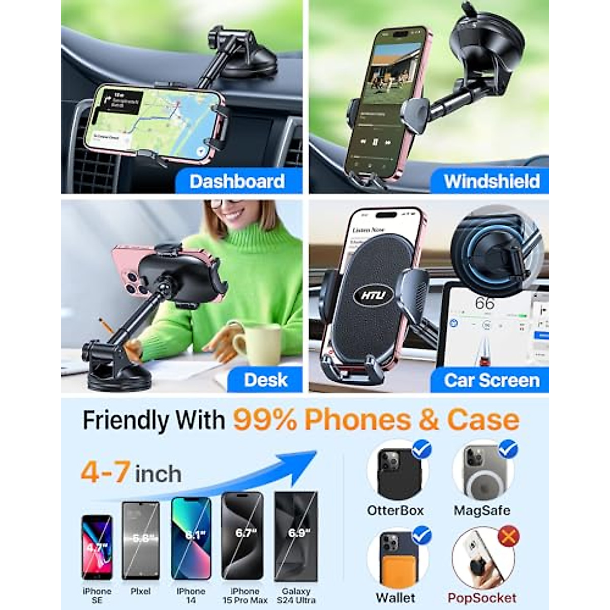 【Military-Grade Stable Suction】 Cell Phone Holder for Car,【Flexible Telescopic Arm】 360° Rotatable Stand Dashboard Windshield Cellphone Mount for iPhone 15 14 13 12 Samsung Smartphone Truck, Black