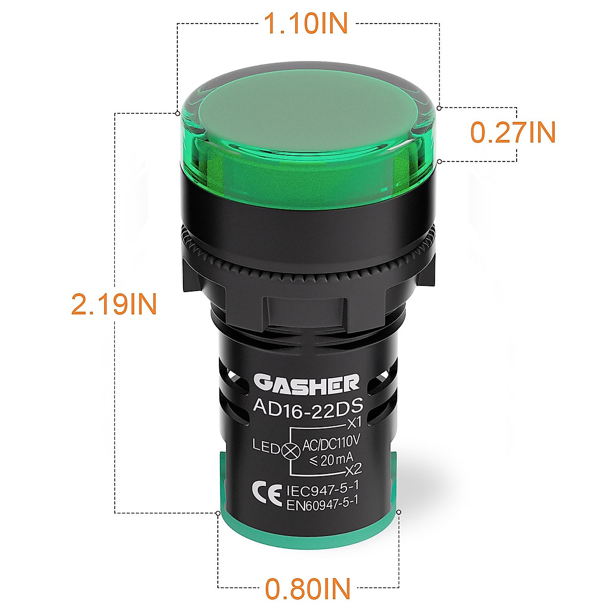 GASHER 110V 20mA Energy Saving Indicator Light Mounting Hole Size 22mm (7/8 Inch) Green 10 Pcs