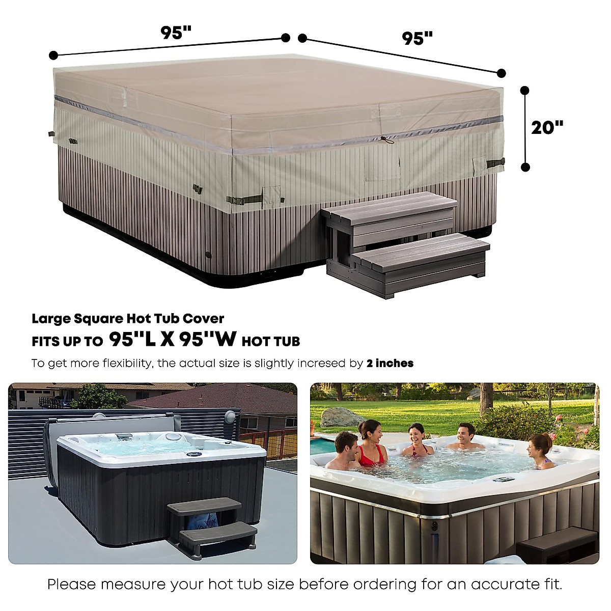 PatioGem Hot Tub Cover Protector, Outdoor SPA Covers for Hot Tub, Heavy Duty 600D Polyester Waterproof UV Protection Hot Tub Covers Replacement, Square SPA Cover Protector 95 x 95 x 20 inch, Grey