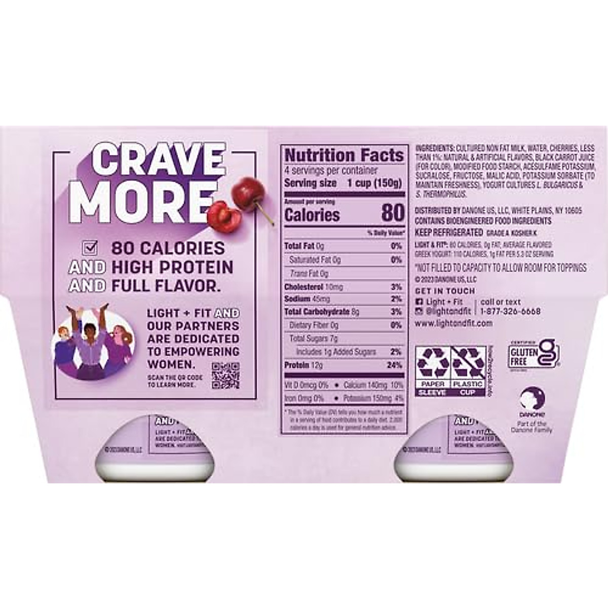 Dannon Light + Fit Greek Nonfat Yogurt, Cherry, Gluten-Free, 5.3 oz., 4 Pack