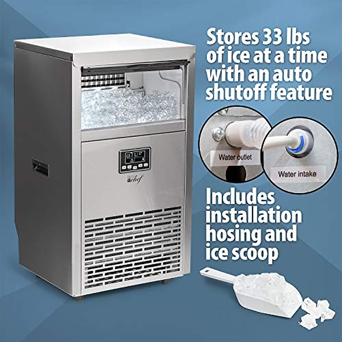 Deco Chef Commercial Ice Maker 99lb Every 24 Hours 33lb Storage Capacity Stainless Steel Great for Hotels, Restaurants, Bars, Homes, Offices Includes Connection Hoses and Ice Scoop