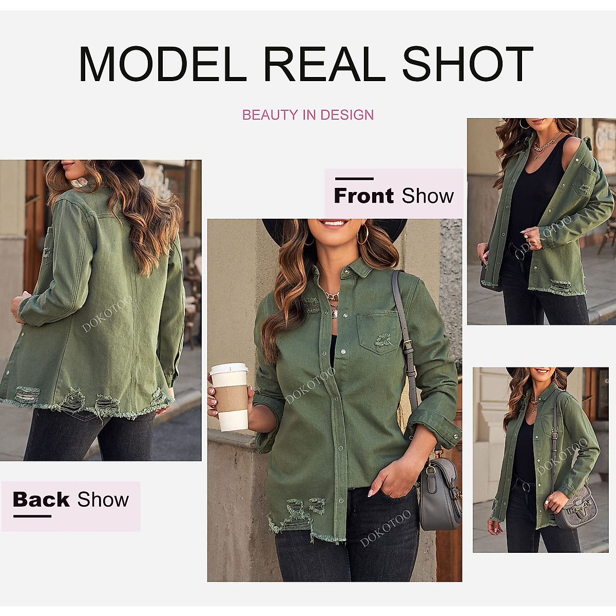 Dokotoo Jean Jacket Women Fashion Spring Summer Country Concert Outfits Casual Long Sleeve Denim Shirt Distressed Boyfriend Denim Jacket Shackets Western Jean Jacket Womens Clothing Green Jackets XL