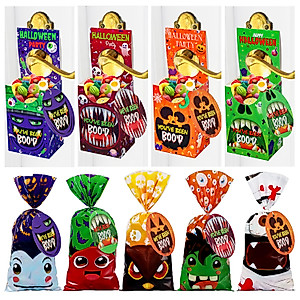 PINWATT Halloween Treat Bags - 20Pcs Halloween Candy Boxes with 30Pcs Cellophane Goodie Bags and 40Pcs Tags - Trick or Treat Bags for Kids Party Favors
