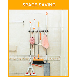 2 Pack Broom Holder Wall Mount with 13" Heavy-duty Storage Strap Bundle - 5 Racks and 4 Hooks Broom Hanger Wall Mount, Mop and Broom Holder Wall Mount, Self Adhesive, Heavy Duty, Stainless Steel