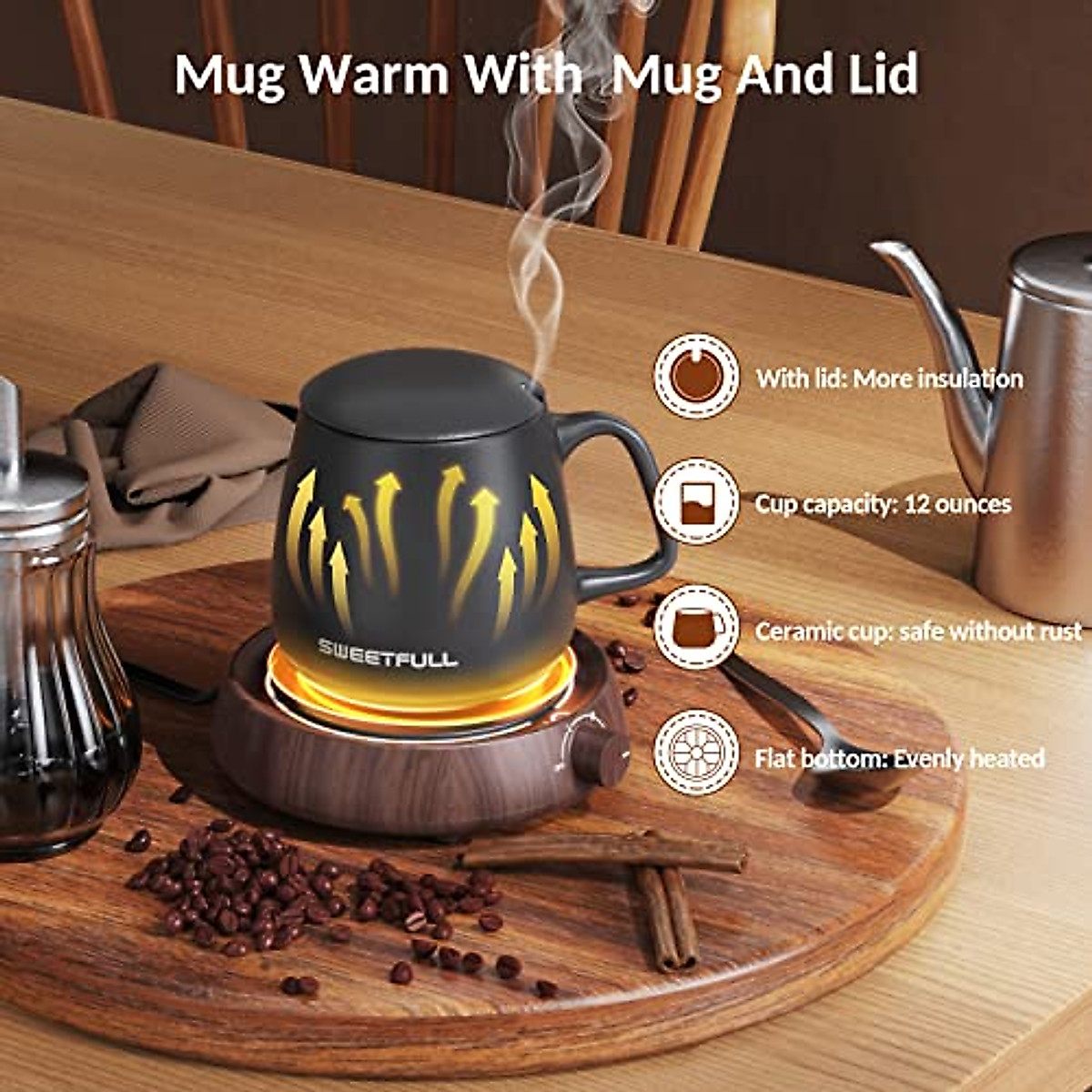 SWEETFULL Mug Warmer for Coffee and Tea Coffee Mug Warmer W/12 oz Mug and Lid Coffee Warmer As Coffee Gifts for Desk Office Coffee Lovers. （20W Cup Warmer Candle Warmer Auto Shut Off） (Wood Grain)