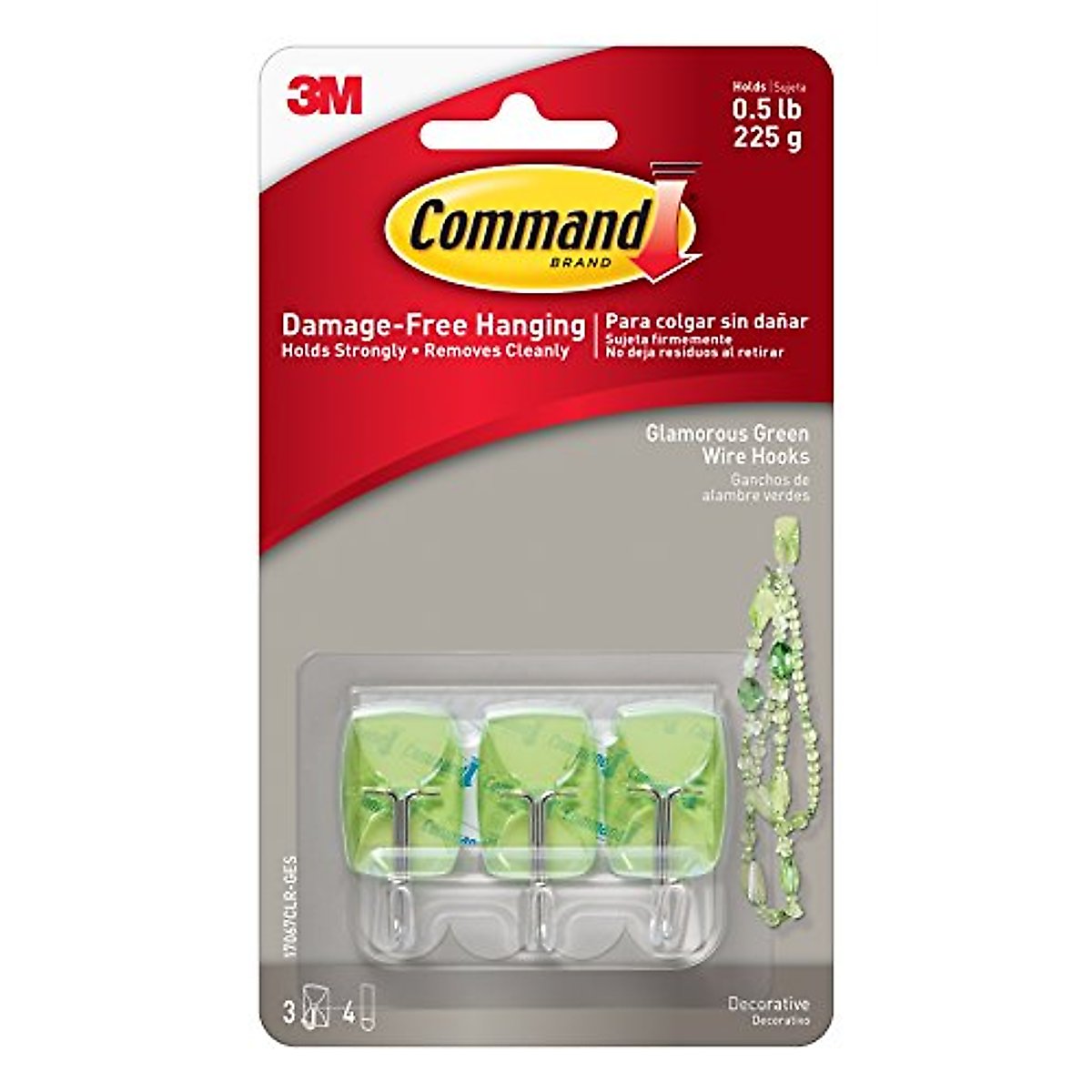 Command Wire Hooks, Small, Glamorous Green, 3-Hooks (17067CLR-GES)