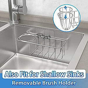 HULISEN Sponge Holder + Dish Brush Holder, 3-in-1 Kitchen Sink Caddy, 18/8 Stainless Steel Rust Proof Water Proof, Adhesive Installation No Drilling 【Not Including Sponge and Brush】