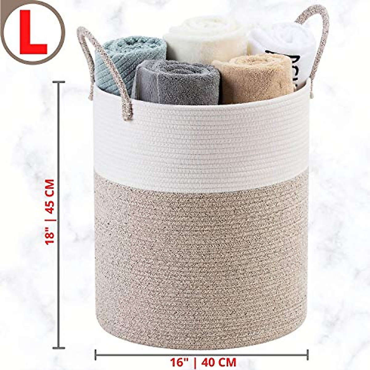 MINTWOOD Design Large 18 x 16 Inches Decorative Woven Cotton Rope Basket, Tall Laundry Basket Hamper, Blanket Basket for Living Room, Storage Baskets for Toys, Towel, Throw, Pillow, Light Brown