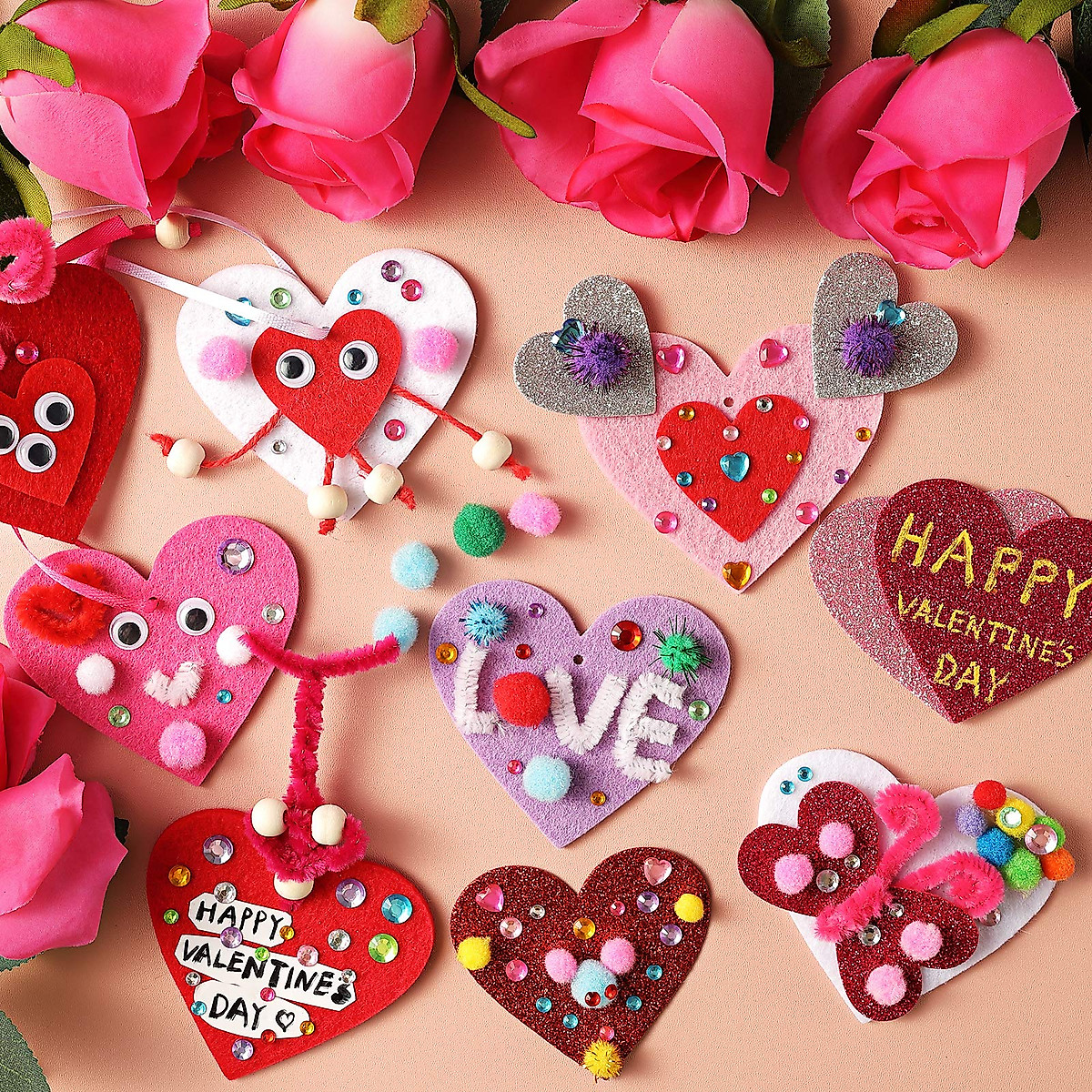 Valentines Day Crafts for Kids - 361PCS DIY Valentines Heart Craft Set for School Gift, 108 Hearts, 50 Googly Eyes, 60 Pom Poms, 36 Wooden Beads, Craft Supplies for Valentines Party Favor Decoration