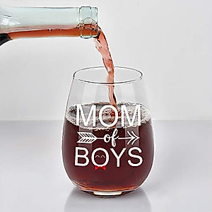 Mom of Boys Funny Stemless Wine Glass for Mom Mother Wife from Daughter Son Husband or Daily Use 15Oz