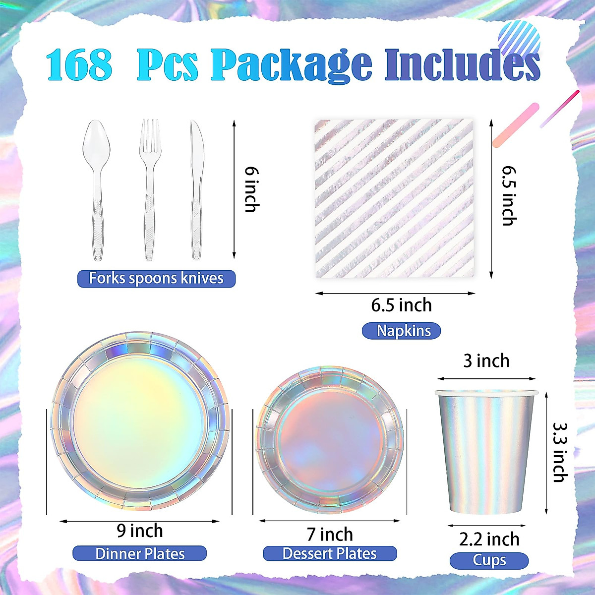 168 Pcs Iridescent Laser Birthday Party Tableware Set, Shiny Iridescent Dessert Plates Cups Sparkle Holographic Foil Napkins for 24 Guest Disco Bridal Wedding Christmas Iridescent Party Decoration