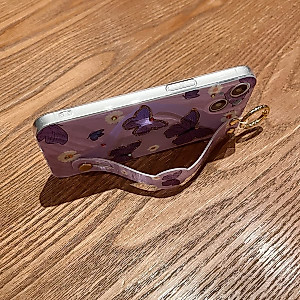 Lastma for iPhone 13 Mini Case Cute with Wrist Strap Kickstand Glitter Bling Cartoon IMD Soft TPU Shockproof Protective Cases Cover for Girls and Women (Butterfly)