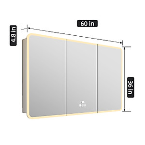 HBEZON Medicine Cabinet with LED Lights and Mirror, 60 x 36 Inch Surface and Recessed Mounted Bathroom Cabinet with Door, Adjustable Shelf, Defogger, Memory Function, 3-Color Mode, Outlet&USB, Dimmer