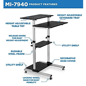 Mount-It! Mobile Standing Desk, Height Adjustable Stand Up Computer Work Station and Height Adjustable Foot Rest with Handle, Six Height Settings, and Anti-Slip Padded Surface