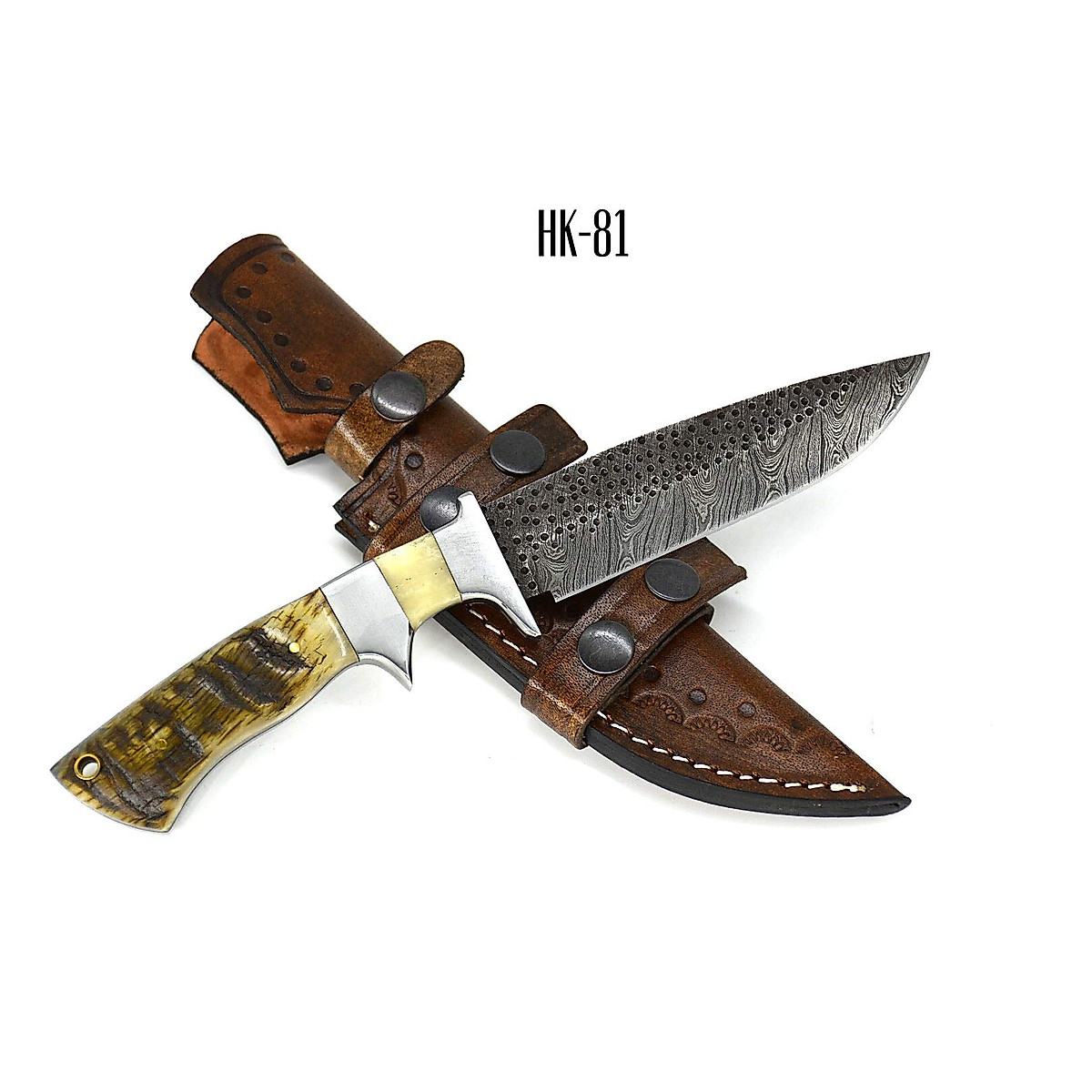 Nooraki HK-81 Handmade Damascus Hunting Knife Ram Horn Handle With Leather Sheath Full Tang Fire & Raindrop Pattern