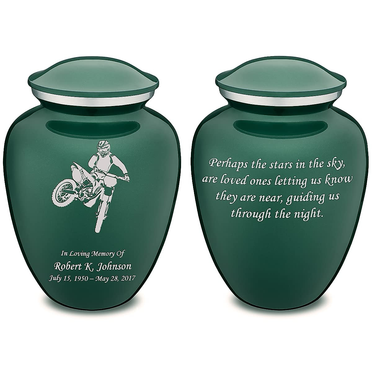 GetUrns Embrace Personalized Dirt Bike Adult Cremation Urn with Custom Text Engraving for Human Ashes for Funeral, Burial, Niche or Columbarium – 200 Cubic Inches –Urns for Ashes (_Green Double Sided)
