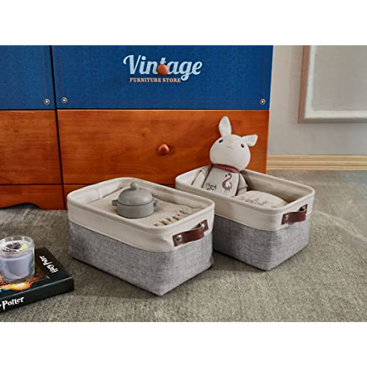 DECOMOMO Small Baskets | Storage Baskets for Organizing Shelves Linen Closet Bathroom Baby Cloth Nursery Fabric Bulk Decorative Empty Baskets for Gifts (Grey and White, Small - 6 Pack)